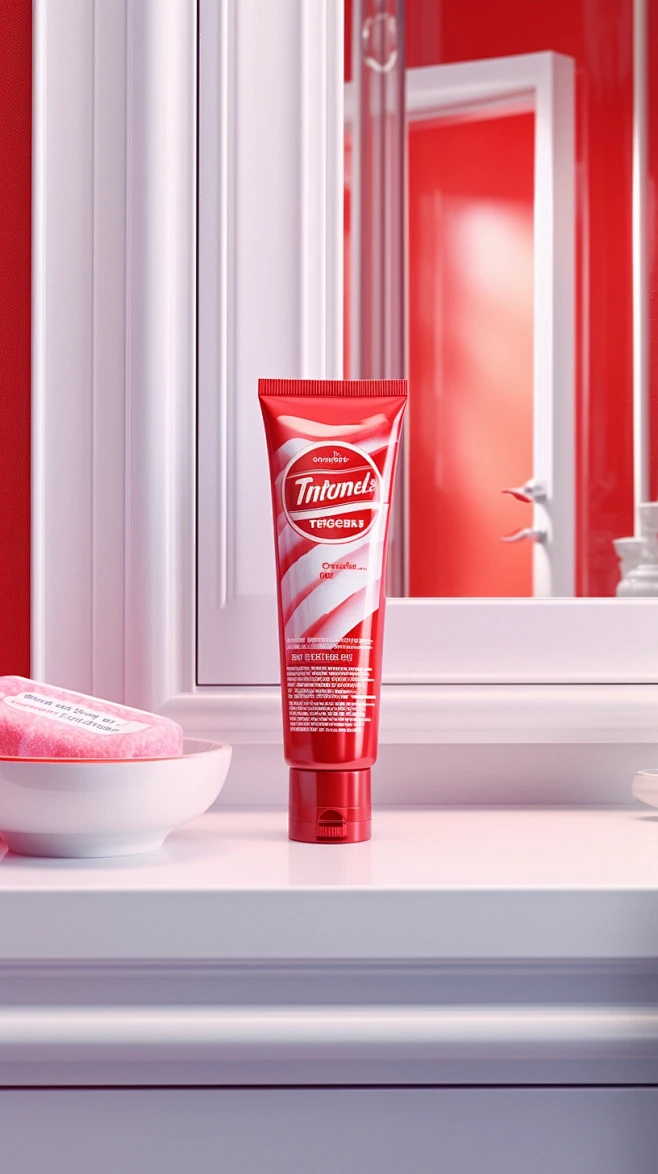 Red toothpaste near a mirror in a white and red bathroom, studio light ...