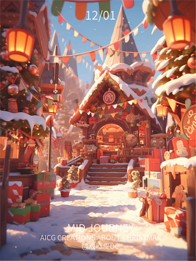 Mid journey|圣诞节的主题小镇|场景插画CG