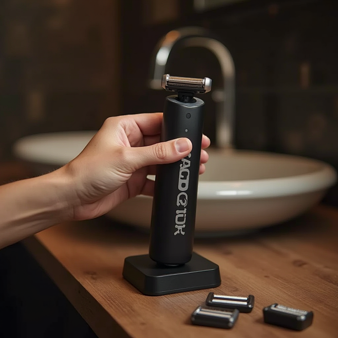 the_picture_shows_one_hand_holding_a_small_long-handled_electric_shaver ...