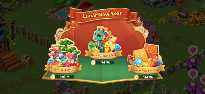 可能是包含下列内容的图片：上面的文字是“Lunar New Year ۔ Gem Purchase Gift 14d 17h Dragon