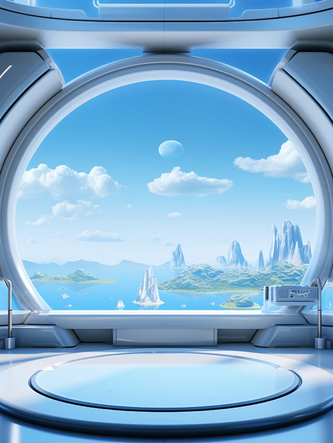 a large window showing the sea and sky, in the style of futuristic ...