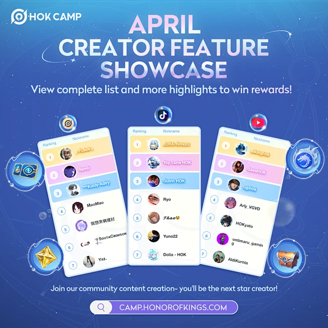 可能是包含下列内容的图片：‎上面的文字是“‎HOK HOKCAMP CAMP APRIL CREATOR FEATURE SHOWCASE ...