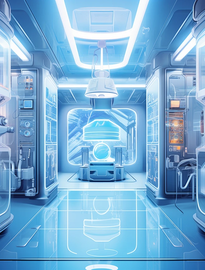 an abstract illustration of an electronic room with ionized water, in ...