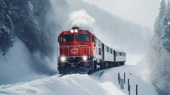 Red train plowing thrugh deep snow , leaving a mist of snow behind it ...