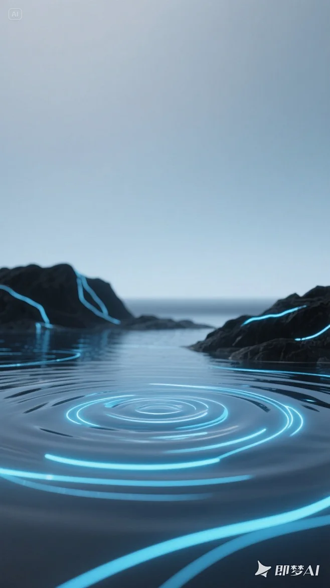 jimeng-2025-05-16-586-背景呈现出一种科技感与自然融合的氛围。以渐变的灰蓝色天空为幕，色调柔和且富有层次感。画面下方是平静 ...