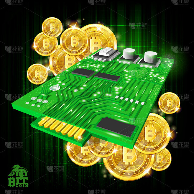 Golden bit coins with micro chip on green backgrou