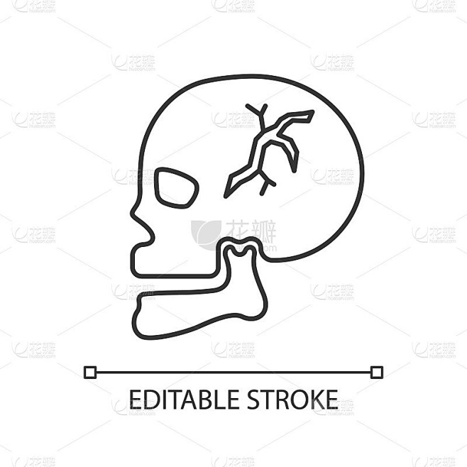 颅骨骨折像素完美线性图标。颅骨骨破坏。危险的头部受伤。紧急情况。细线可定制的插图。轮廓的象征。矢量孤