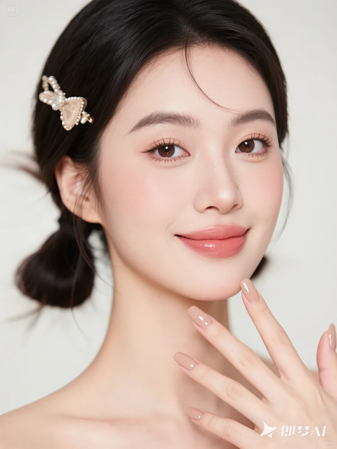 jimeng-2025-05-10-369-美妆模特，可爱俏皮，扎着头发，脸部放大，浅色背景，立体的五官，精致的妆容，水润嘴巴，，超写实，逼真的细节刻画 最高质量，网红妆容，佩戴发饰，裸色美甲 ...