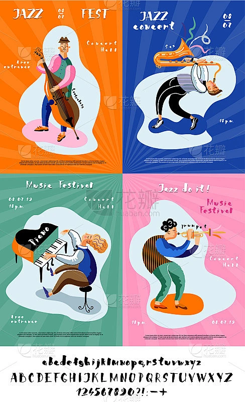 Jazz festival retro vector posters set素材-花瓣网