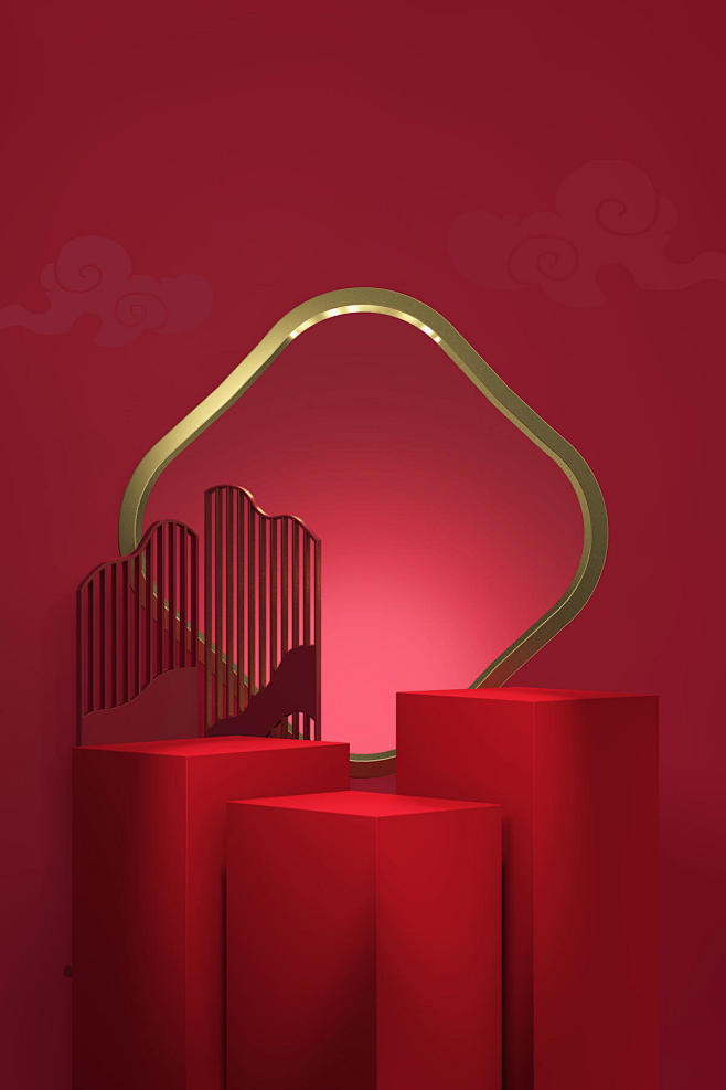 @--纯图-- C4D建模背景 场景图 舞台背景 氛围 喜庆 红色背景 电商展台