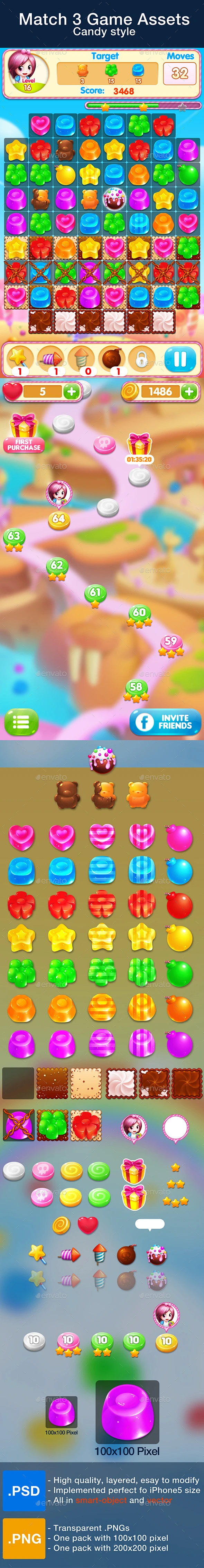 Match 3 Game Assets - Candy Style - Game Kits Game Assets图片_手游界面图片素材-花瓣网
