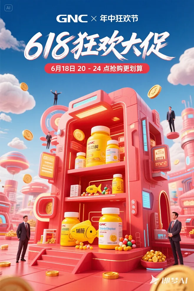 jimeng-2025-05-26-43-这是一张GNC保健品品牌天猫618电商促销海报。构建一个未来感的创意空中飞船的建筑，外观和内部空间融入GNC品牌保健品（鱼油，辅酶，维生素，男女营养包 ...