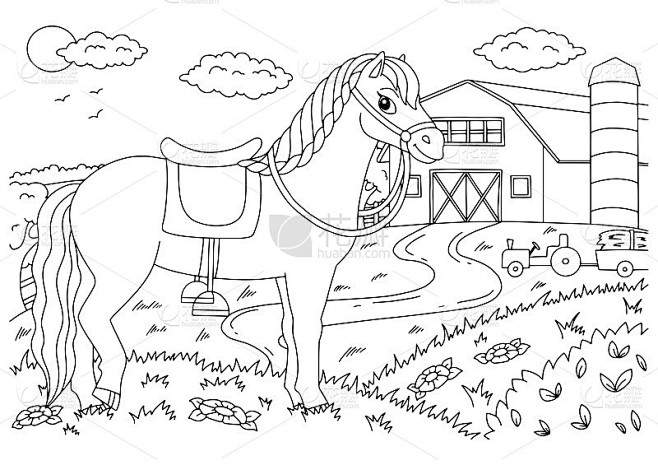可爱的马。农场动物。儿童涂色书页。卡通风格。矢量插图孤立在白色背景上。