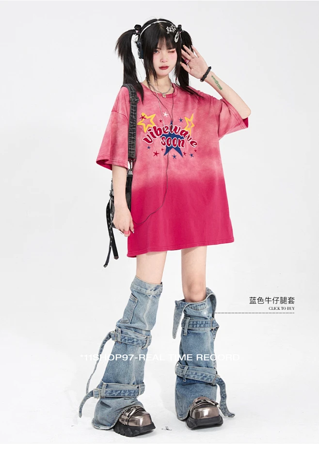 11SHOP97 美式复古T恤女夏日多巴胺穿搭宽松圆领水洗渐变短袖上衣-淘宝网-花瓣网