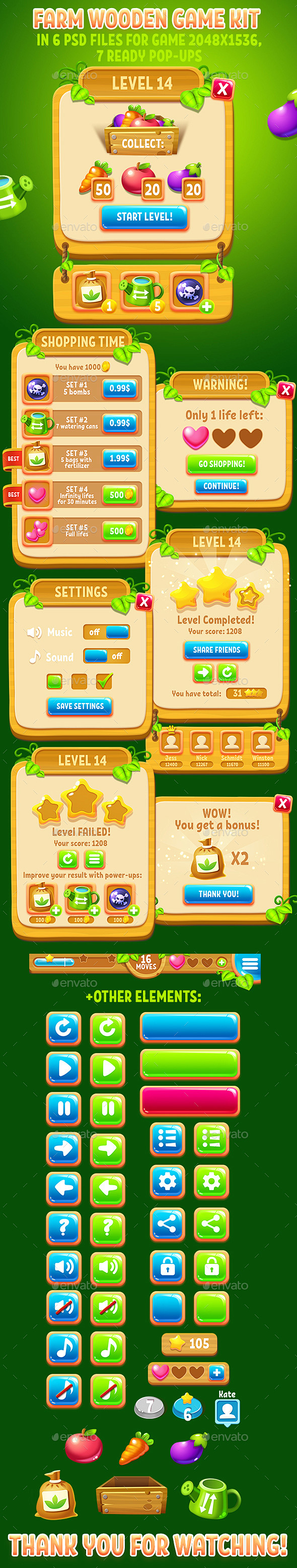 农场的故事木制GUI工具包-用户界面游戏资产Farm Story Wooden GUI Kit - User Interfaces Game ...