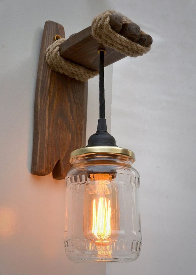 Wall Lamp From Wood and Canning Jar, Wooden Sconce, Rustic Wall Fixture ...