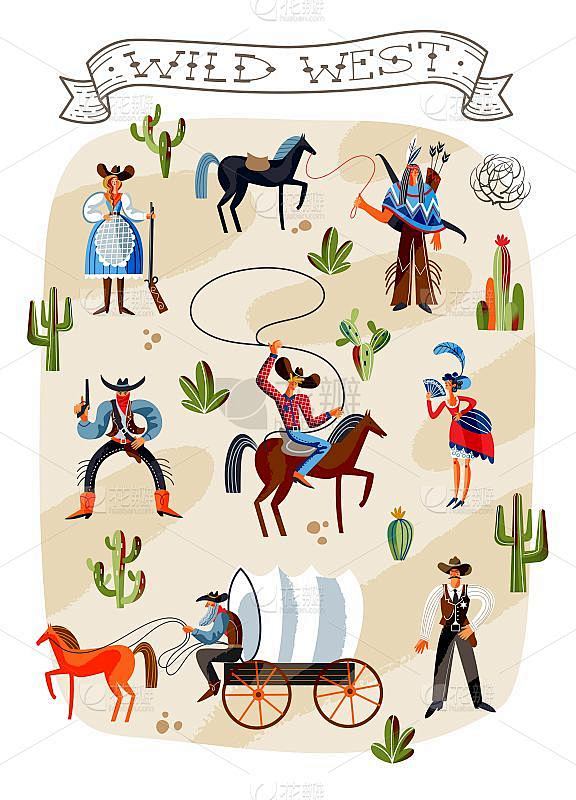 Wild west characters in desert. Western american p