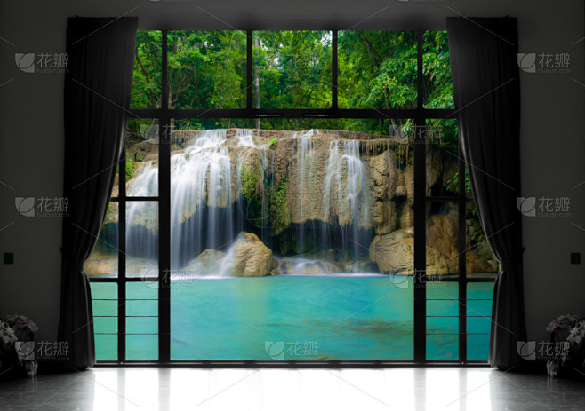 瀑布,窗帘,窗户,背景,透过窗户往外看,水平画幅,玻璃,热带雨林,泰国,开着的