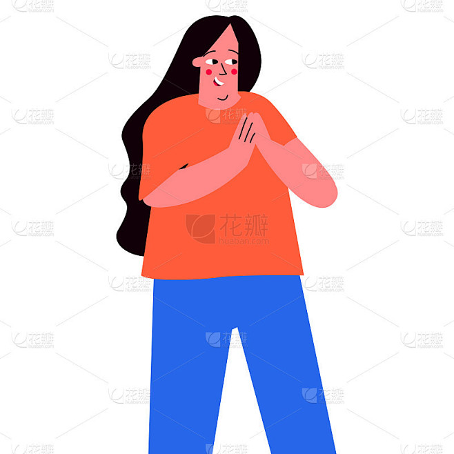 那个可爱的女孩双手合十，把目光移开。心满意足的女孩很高兴。平面风格的矢量字符