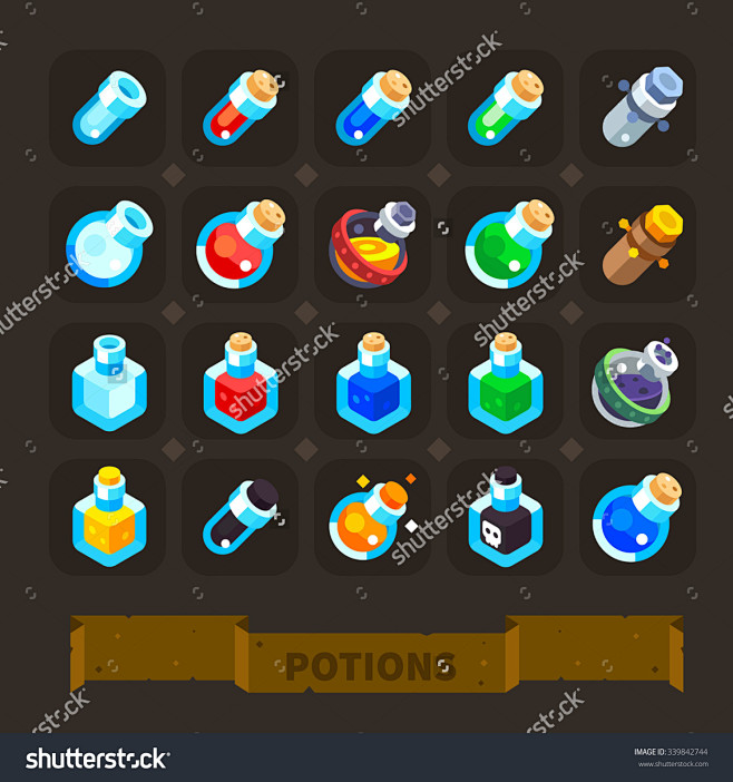 Fantasy game icons set: different potions, health potion, haste potion, power-up potion, empty ...
