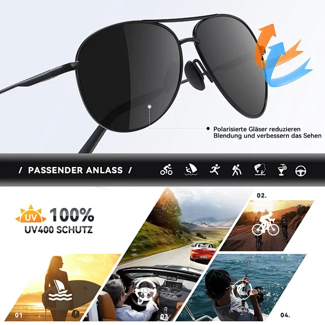 Occhsouo Sonnenbrille-Herren-Damen Polarisiert Unisex mit UV400 Schutz Metallrahmen Brille ...