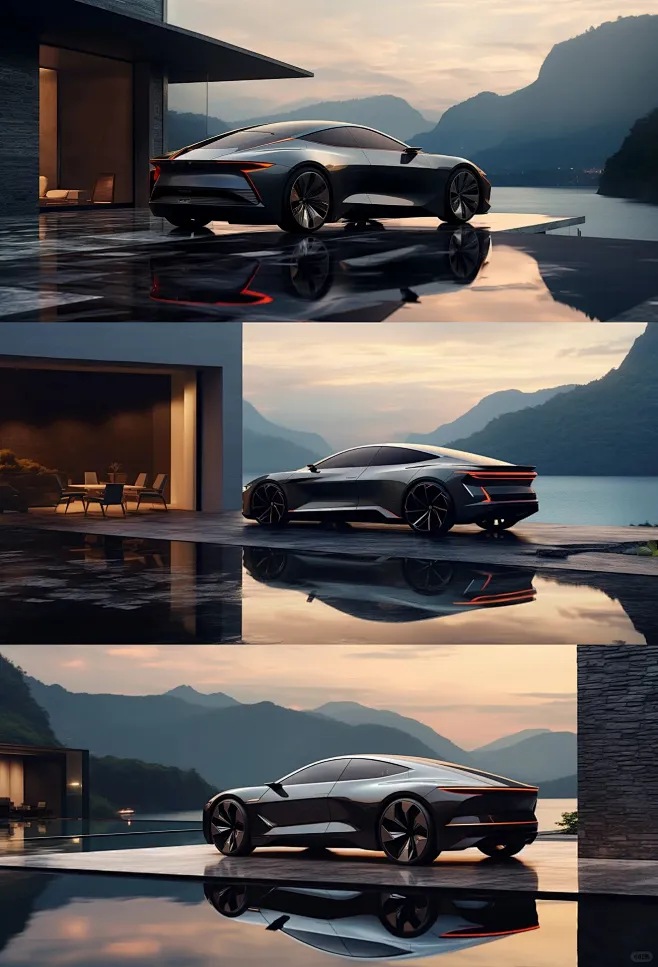 a futuristic car parked in front of a lake, in the style of soft ...