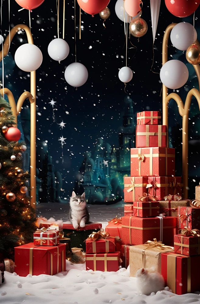 A christmas party setting with fireworks, gifts and balloons and 3d ...