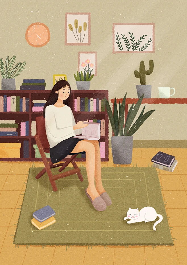 原创插画 看书的女孩-花瓣网