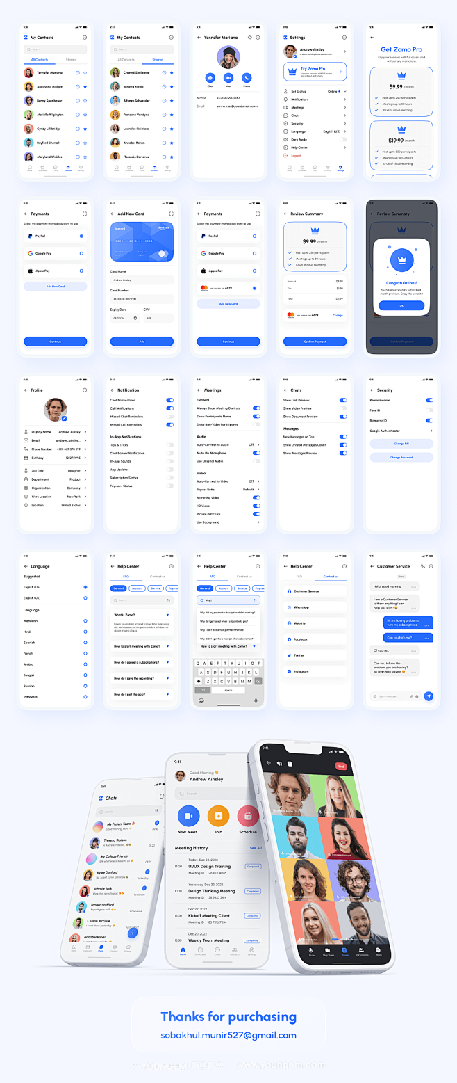 160屏国外在线视频会议聊天通讯iOS/Android用户界面app设计ui套件模板下载_颜格视觉