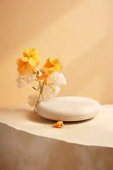 flowers placed on a stone plate on a peach background, in the style of ...