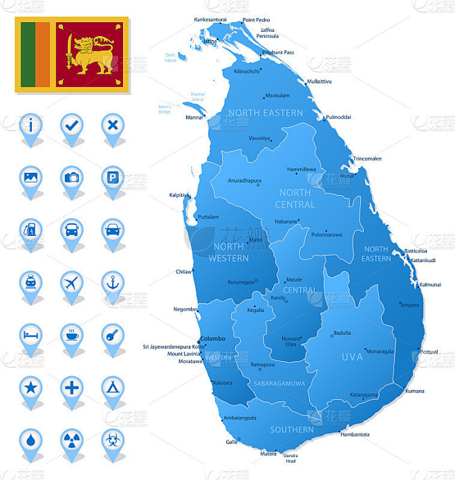 斯里兰卡行政区划的蓝色地图与旅游信息图标。