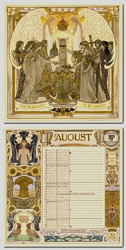 Calender sheets for August depicting the birthday of the Austrian ...