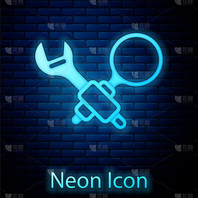 霓虹灯调试图标隔离在砖墙背景上。调试工具。bug编程的放大镜。测试和设置软件。向量