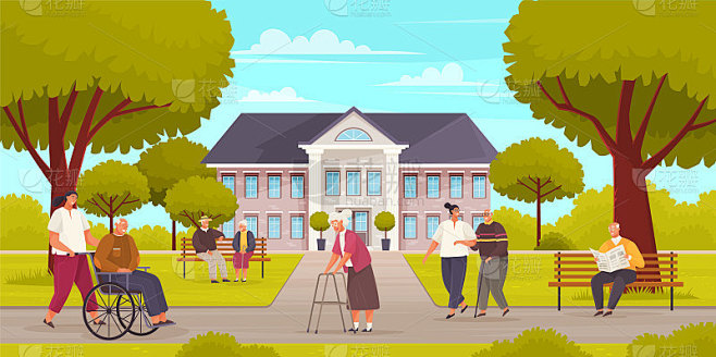为退休人员设立的养老院。养老院建筑外观。对老人和病人的保健