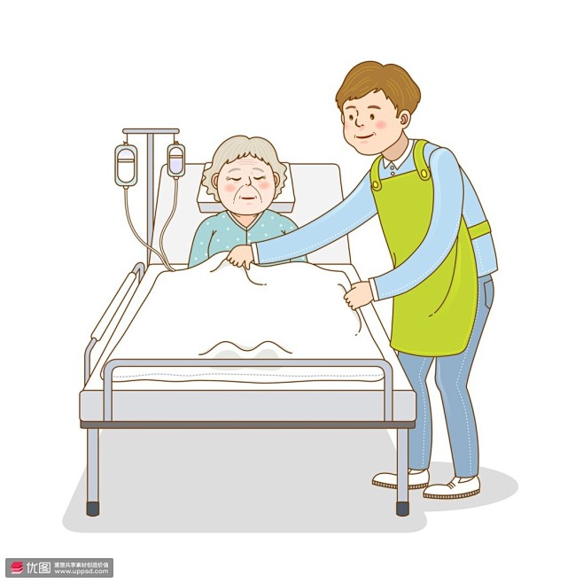 病床看护陪伴老人生病护理温馨家庭插画 人物插画 温馨家庭