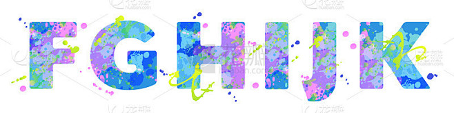字母FGHIJK带有蓝色、绿色、粉红色液体斑点的效果，孤立在白色上
