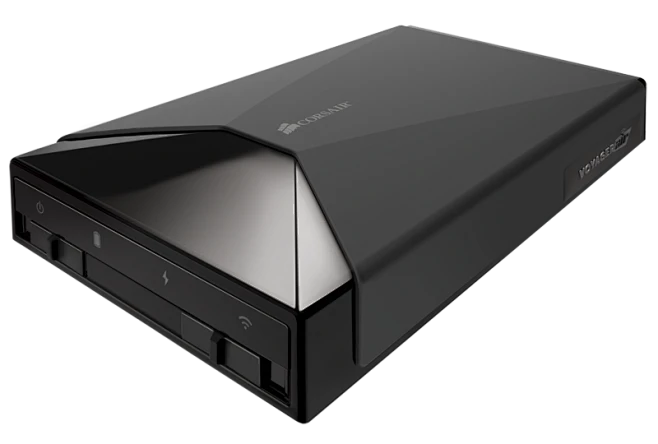 the external hard drive is black and has two usb ports on each side ...