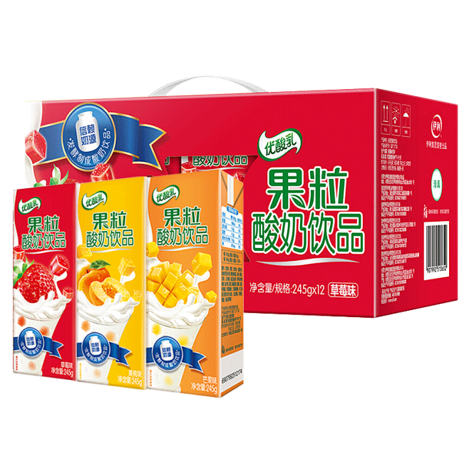伊利优酸乳果粒酸奶饮品245g*12盒黄桃草莓味酸酸乳整箱早餐牛奶-tmall.com天猫