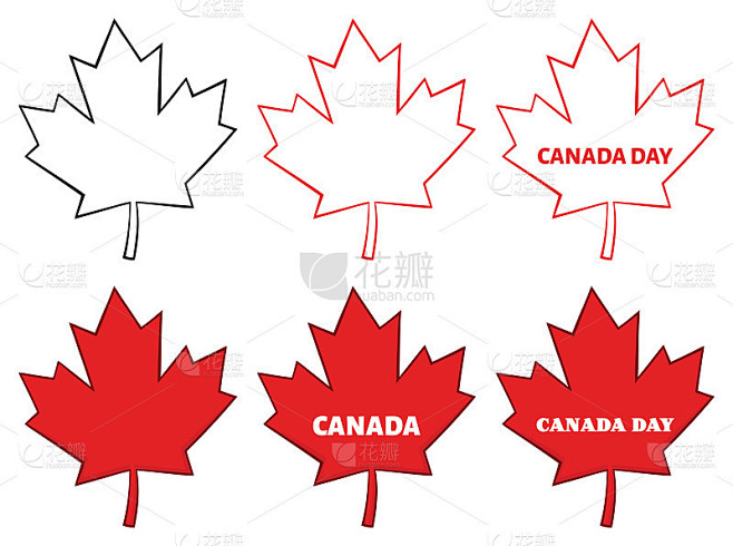 加拿大红色枫叶线卡通画。向量集合
