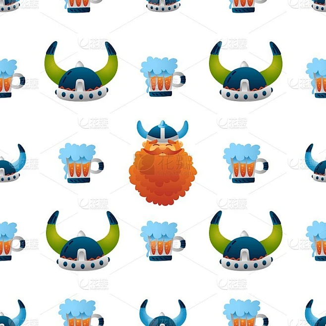 Viking seamless pattern, cute helmets, beer, warri素材-花瓣网