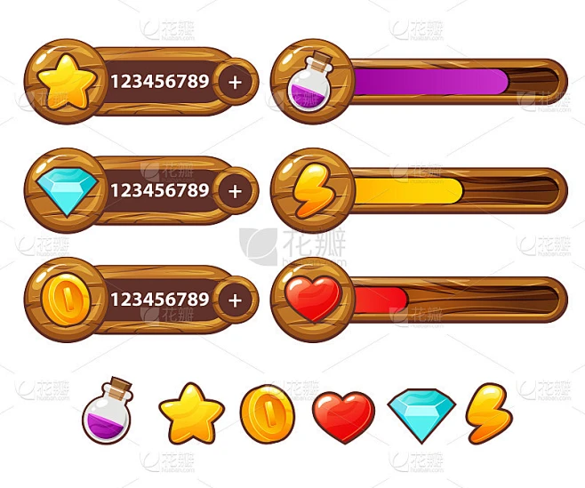 Wooden game elements with progress bar. Cartoon ga素材-花瓣网
