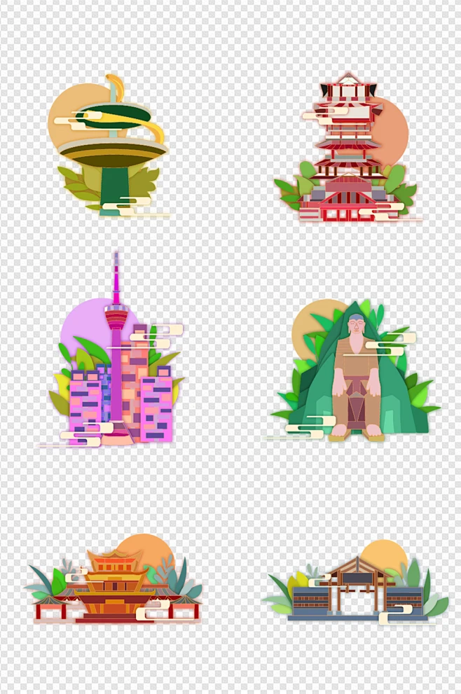 卡通扁平风成都城市标志性建筑插画元素-花瓣网