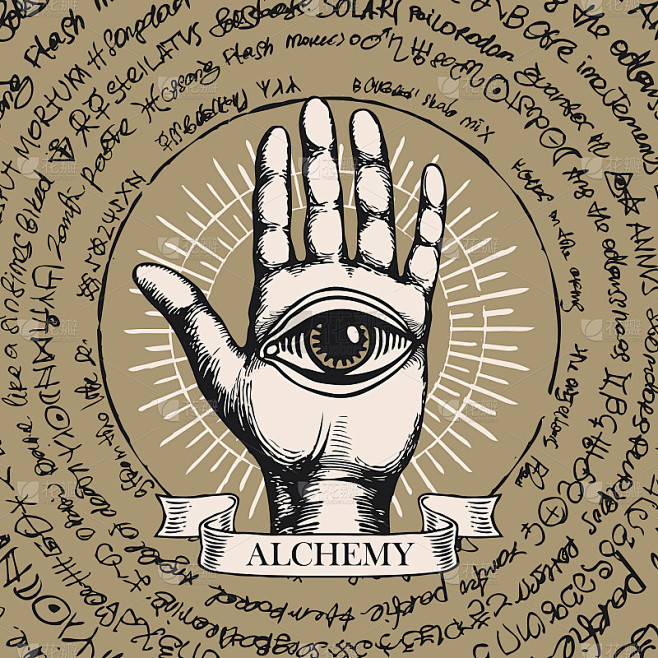 banner with open hand with all seeing eye symbol