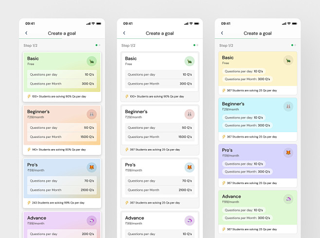 Learning goal cards mobile UI by Pavan on Dribbble