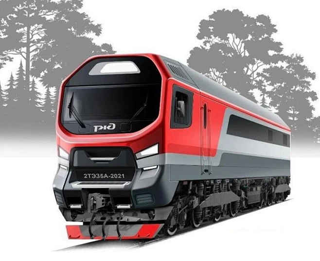 This may contain: a red and gray train traveling through a forest-花瓣网