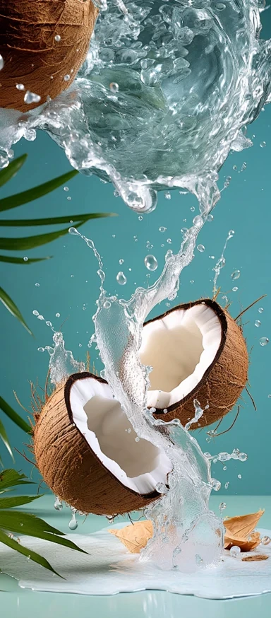 a coconut is being smashed with water splashes in the background, in ...