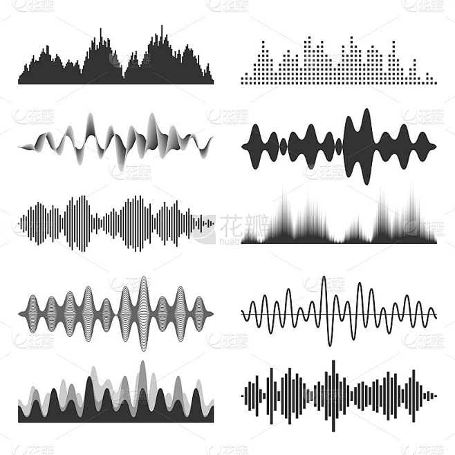 声波集合。模拟和数字音频信号。音乐均衡器。干扰录音。高频无线电波。矢量图素材-花瓣网
