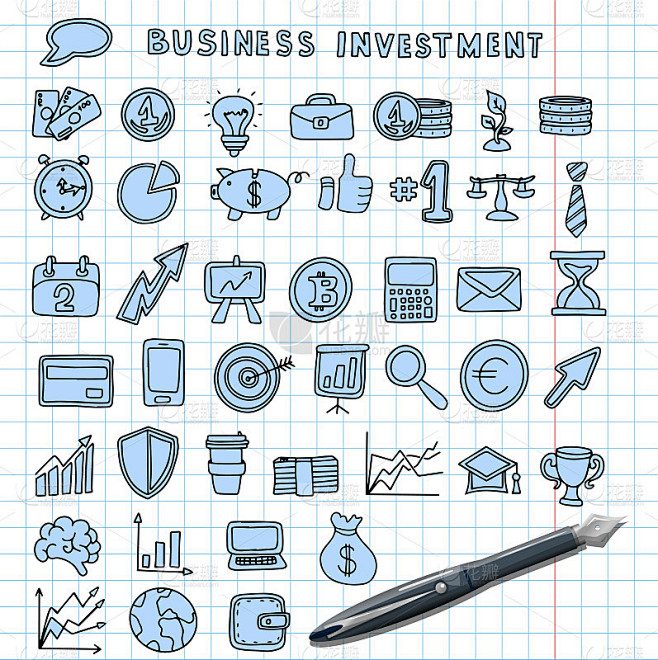 金融投资图标。矢量手绘金融图标。一个大型的商业图片涂鸦集。