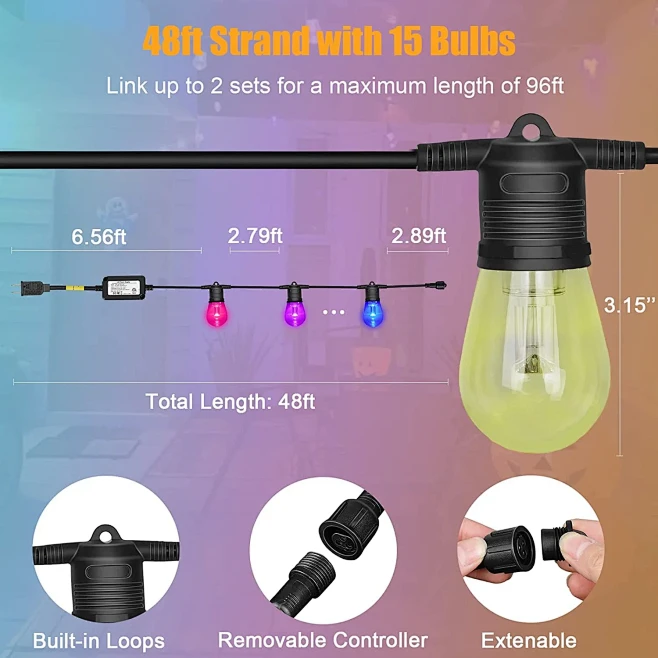 Upgrade 50ft Outdoor String Lights,Smart RGB Christmas LED Lights Work ...