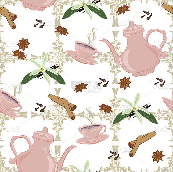 矢量无缝模式与咖啡壶，杯子和东方香料。